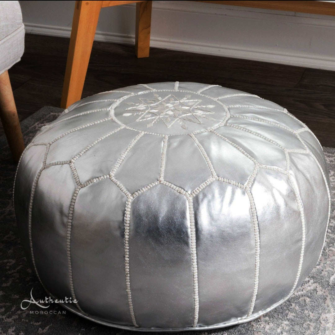 Silver Vegan Leather Pouffe | Silver Grey Moroccan Ottoman | Buy Online ...